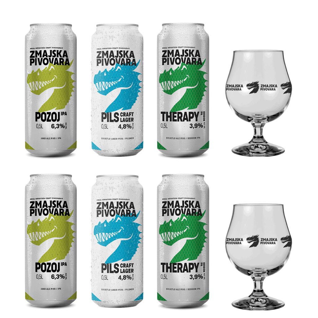 SIX PACK CORE limenke (6 x 0,50l) + 2 čaše 0,33l - Zmajski webshop